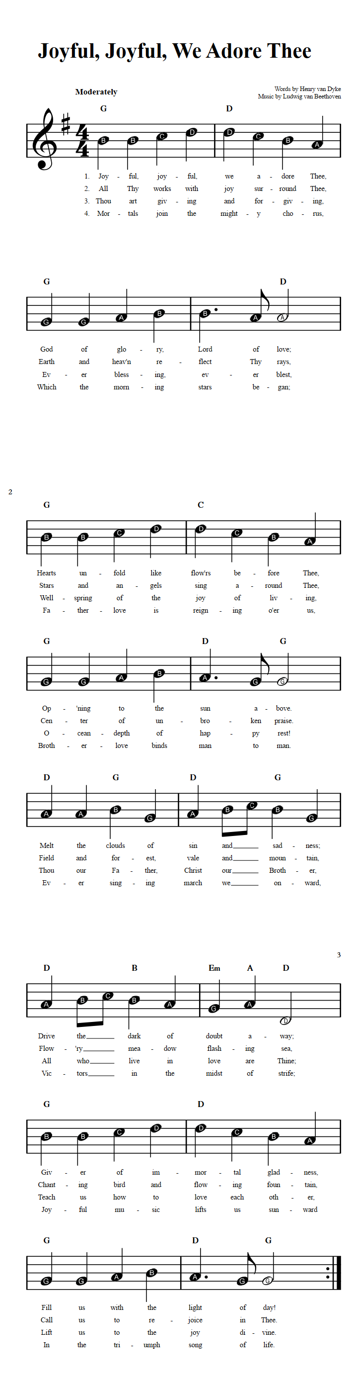 Joyful Joyful We Adore Thee Beginner Sheet Music With Chords And Lyrics