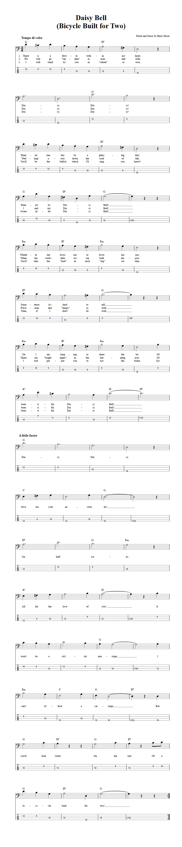 Daisy Bell: Chords, Sheet Music, and Tab for Bass Guitar with Lyrics