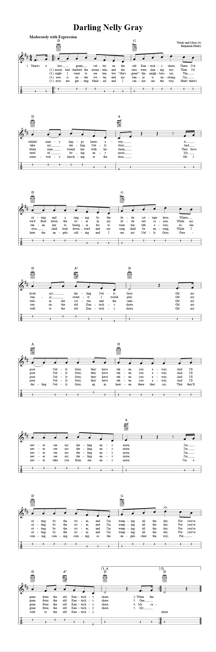 Darling Nelly Gray Chords Sheet Music And Tab For Mandolin With Lyrics