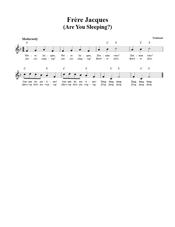 Frere Jacques: Chords, Lyrics, and Sheet Music for C Instruments