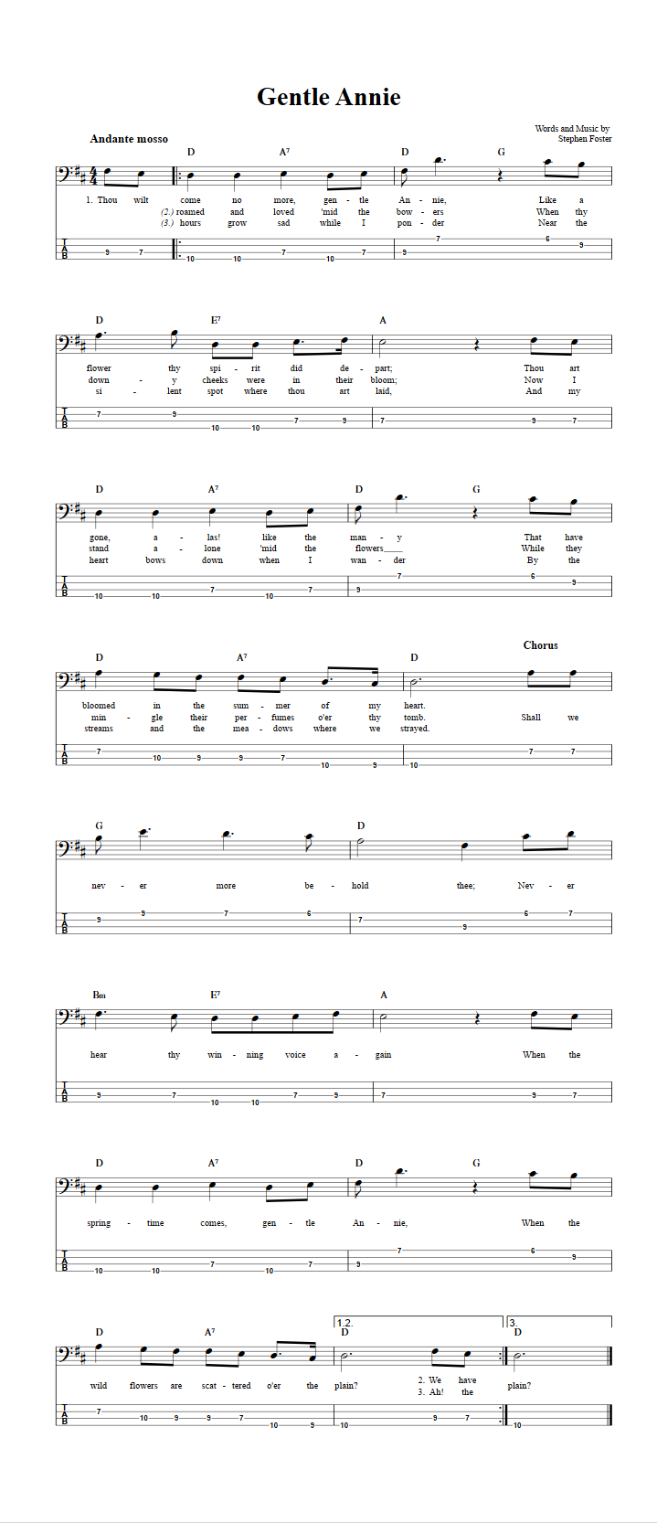 Gentle Annie: Chords, Sheet Music, and Tab for Bass Guitar with Lyrics Gentle Annie: Chords, Sheet Music, and Tab for Bass Guitar with Lyrics