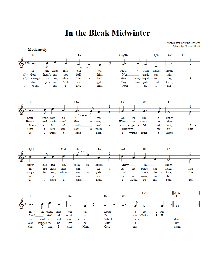 In The Bleak Midwinter Chords Lyrics And Sheet Music For C Instruments
