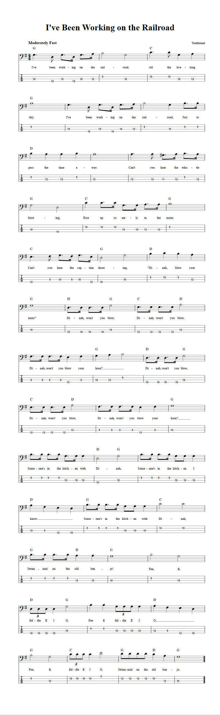 I've Been Working on the Railroad Bass tab