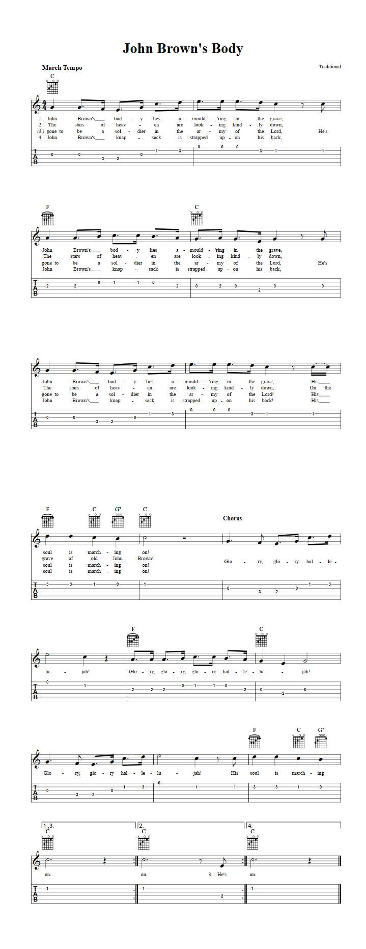 John Brown's Body: Chords, Sheet Music, and Tab for Guitar with Lyrics