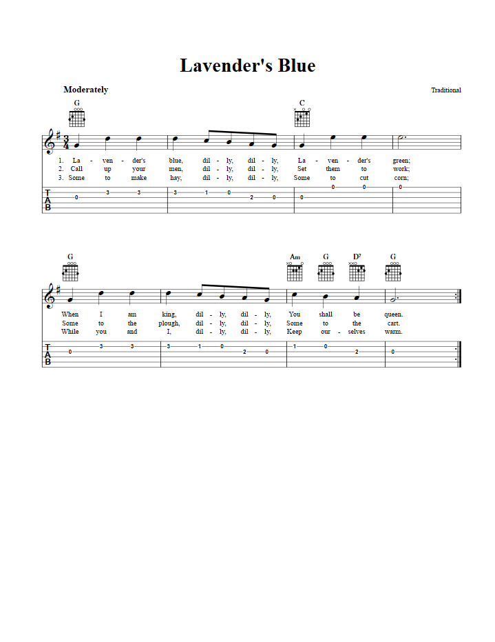 Lavender's Blue: Chords, Sheet Music, and Tab for Guitar with Lyrics