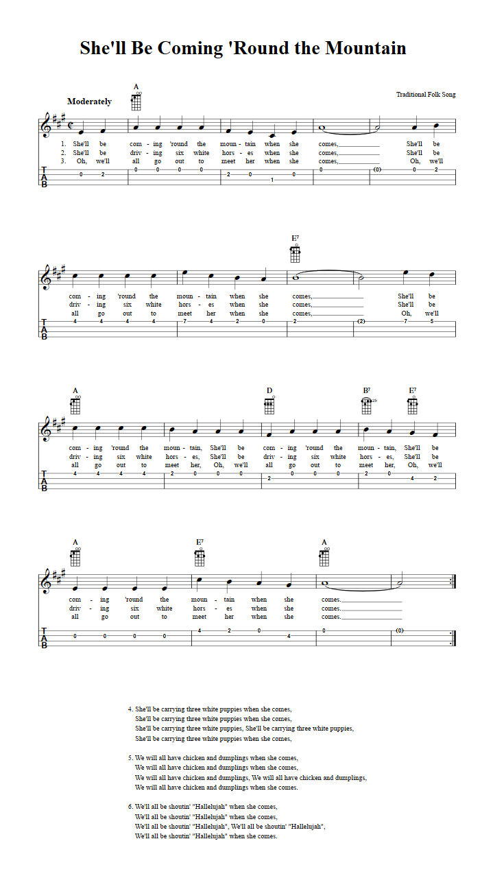 She'll Be Coming 'Round the Mountain: Chords, Sheet Music and Tab for Ukulele with Lyrics