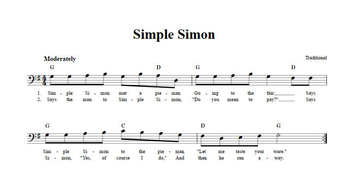 Simple Simon Chords Lyrics And Bass Clef Sheet Music