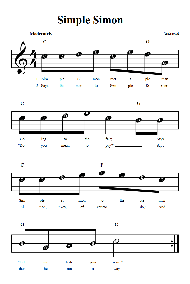 Simple Simon: Beginner Sheet Music with Chords and Lyrics