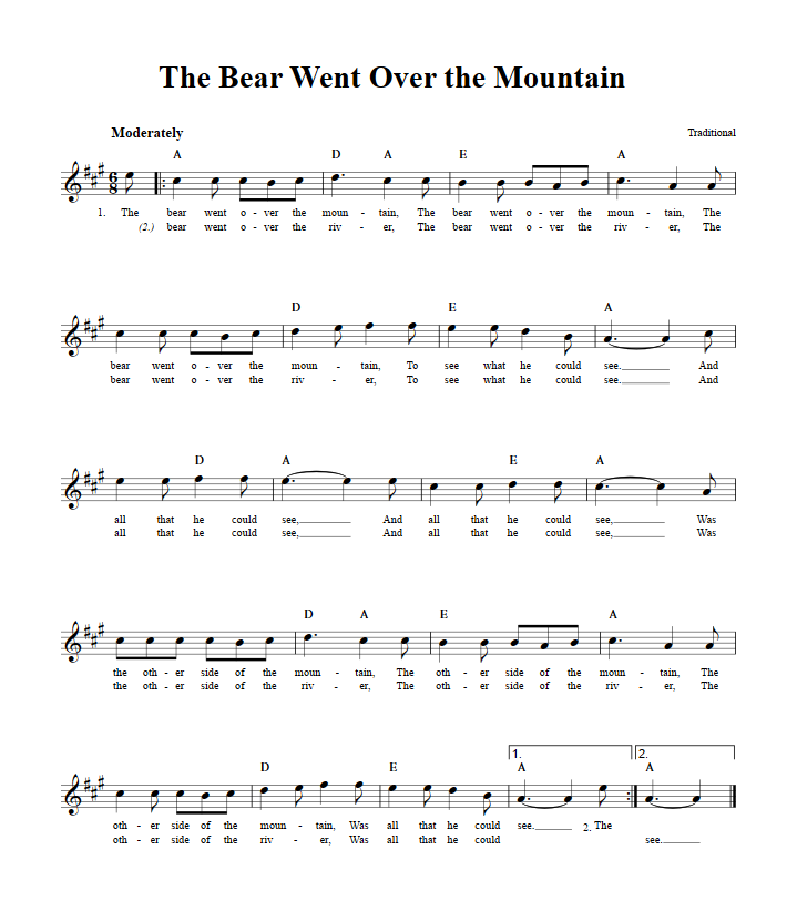 The Bear Went Over the Mountain: Chords, Lyrics, and Sheet Music for E ...