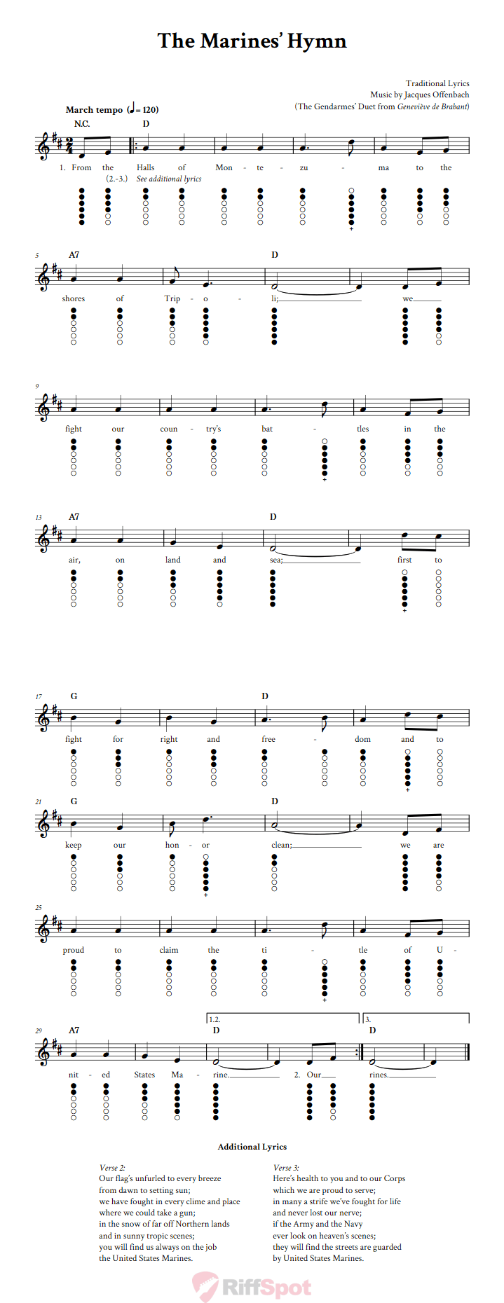 The Marines' Hymn: Sheet Music and Tab for Tin Whistle with Lyrics