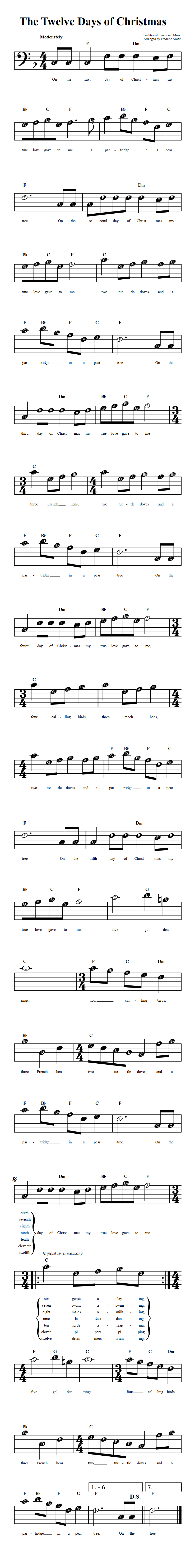 The Twelve Days Of Christmas Beginner Bass Clef Sheet Music With Chords And Lyrics