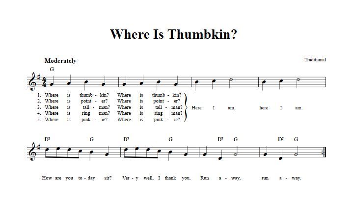 Where Is Thumbkin?: Chords, Lyrics, and Sheet Music for C Instruments